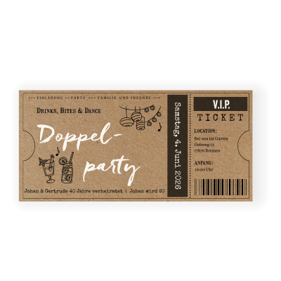 Doppelparty-Gartenparty in VIP-Ticketform im Kraft-Look